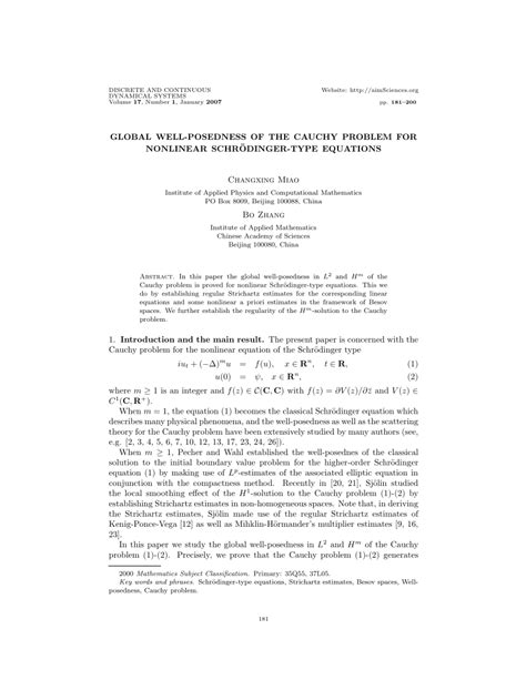 Pdf Global Well Posedness Of The Cauchy Problem For Nonlinear Schrödinger Type Equations