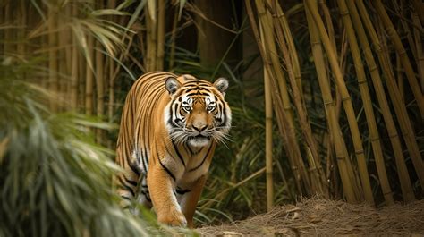 Tiger Walking Through The Bamboo Forest Background A Tiger Standing In