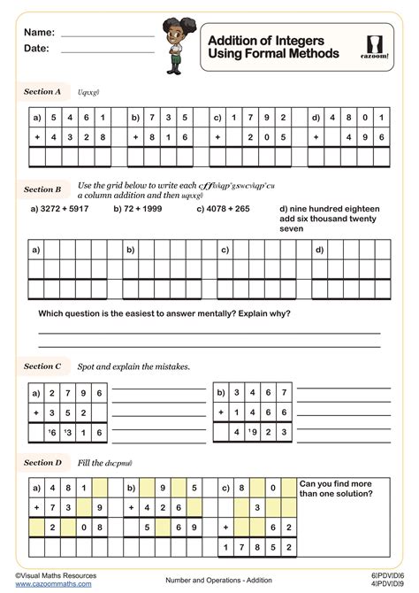 Addition Of Integers Using Formal Methods Worksheet Printable Pdf