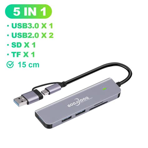 Goojodoq 2 In 1 5Port USB 3 1 Type C High Speed USB C Hub With Hub 3 0 2 0 5Gbps TF SD Reader