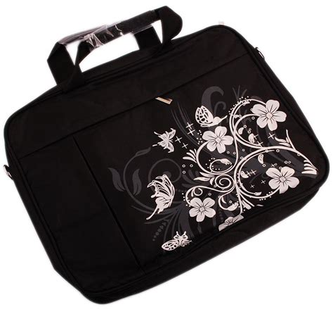 Елегантна дамска чанта за лаптоп декорирана с флорални мотиви черна
