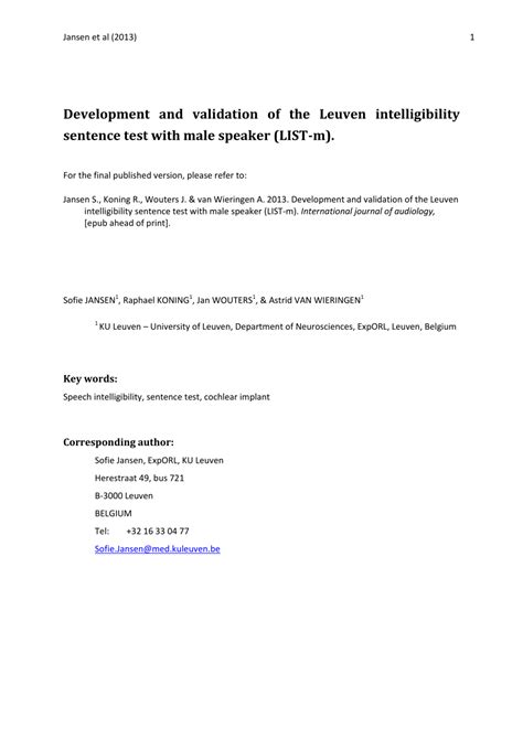 Pdf Development And Validation Of The Leuven Intelligibility Sentence Test With Male Speaker