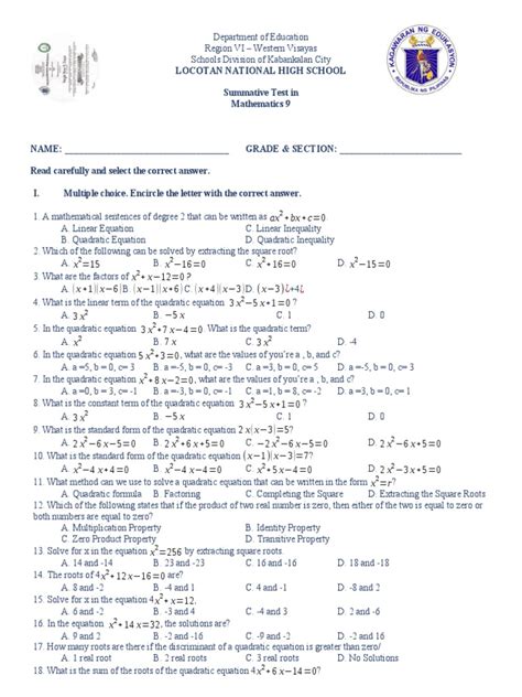 Math 9 Summative Test Pdf Quadratic Equation Equations
