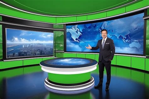 3d news set where the green screen transforms into a live weather map