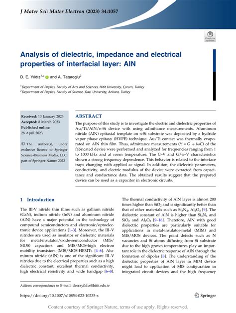 Analysis Of Dielectric Impedance And Electrical Properties Of Interfacial Layer Aln Request Pdf