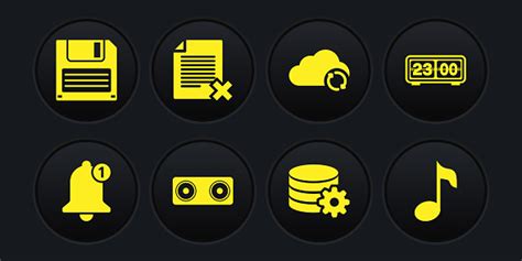 벨 설정 레트로 플립 시계 스테레오 스피커 데이터베이스 서버 설정 클라우드 동기화 새로 고침 및 파일 문서 삭제 아이콘 벡터 거절에 대한 스톡 벡터 아트 및 기타 이미지