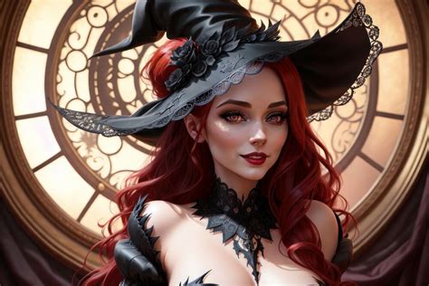 Обои на рабочий стол Рыжеволосая девушка ведьма в широкополой черной шляпе с кружевами на фоне