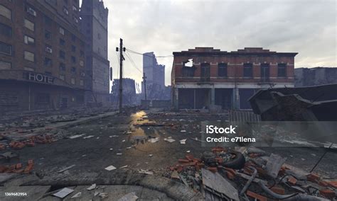 포스트 종말 도시 경관 3d 일러스트 파괴 건물 버림받은에 대한 스톡 사진 및 기타 이미지 버림받은 도시 거리 건물 외관 Istock