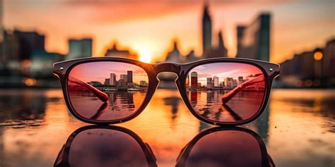 Free Photo Sunglasses Reflecting A Cityscape During Sunset