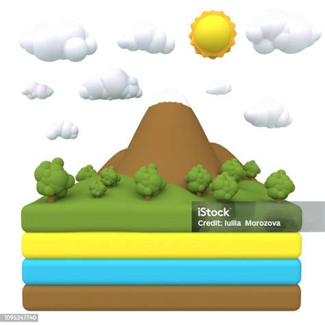 산 나무 구름 태양으로 재미 있는 만화 자연 풍경에 대 한 양식 섬 또는 레이어 토지의 조각입니다 주 버전입니다 아이 클레이 학습에 대 한 플라스틱 또는 부드러운 장난감 3