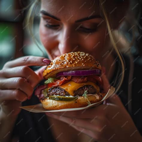Premium Photo Close Up Shot Of A Person Eating Burger In Restaurant