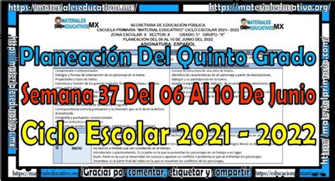 Planeación Del Quinto Grado De Primaria Semana 37 Del 06 Al 10 De Junio