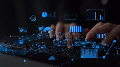 Hands Typing On Keyboard Surrounded By Data Visualization Graphics And Analytics Charts In Blue