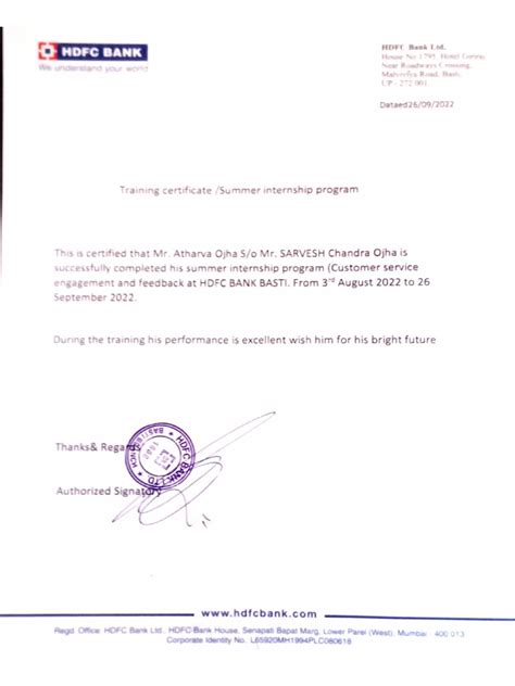 Atharv Ojha Hdfc Bank Internship Certificate Pdf