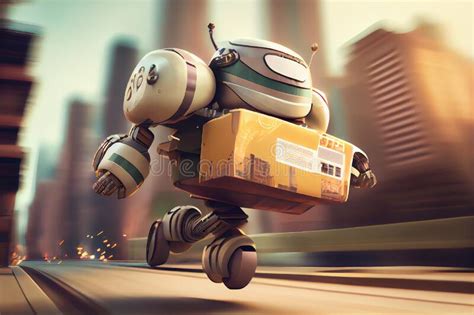 Robot Android Speeding Through Futuristic Cityscape With Package In Hand Stock Illustration