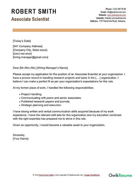 Associate Scientist Cover Letter Examples Qwikresume