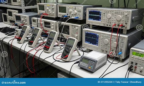Electronic Lab Setup With Oscilloscope Multimeters And Breadboards