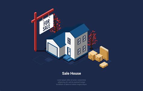 어두운 배경에 판매를위한 집의 벡터 일러스트 레이션 3d 만화 구성 쓰기와 함께 등소 스타일 부동산 사업 평면 개념을 이동 텍스트가 있는 건물 골판지 상자 근처 3차원