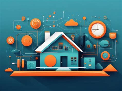 Flat Vector Of Smart Home Ecosystem With Connected Devices And Glowing Network Stock