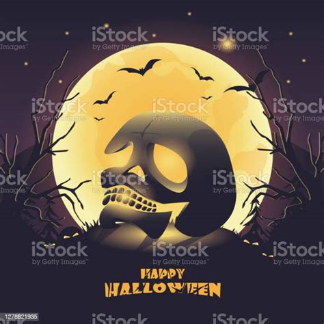 해피 할로윈 배너 보름달의 무덤에 빛나는 두개골 벡터 그림입니다 거미줄과 박쥐 스톡 일러스트레이션 10월에 대한 스톡 벡터 아트
