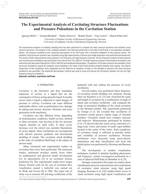 Pdf The Experimental Analysis Of Cavitating Structure Fluctuations And Pressure Pulsations In