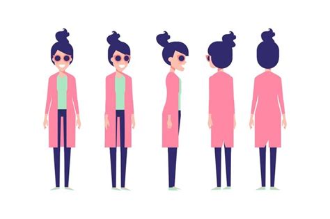 애니메이션에 대 한 여자 여자 전면 후면 보기 평면 벡터 문자 별도의 신체 부위 프리미엄 벡터