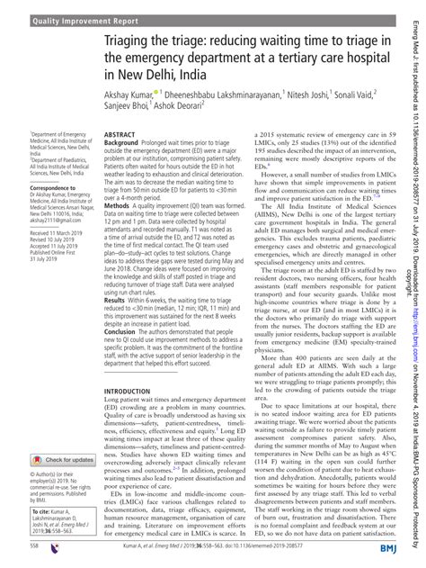 Pdf Triaging The Triage Reducing Waiting Time To Triage In The