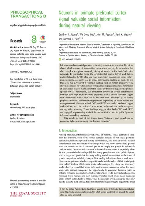 Pdf Neurons In Primate Prefrontal Cortex Signal Valuable Social Information During Natural Viewing