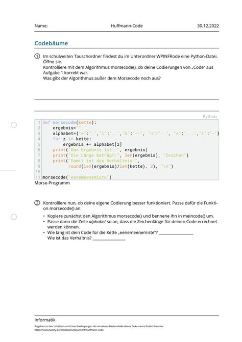 Arbeitsblatt Huffmann Code Informatik Tutoryde