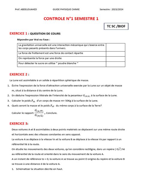 Contrôle N°1 Semestre 1 Physique Tronc Commun Biof Sc Download Free Pdf Masse Poids