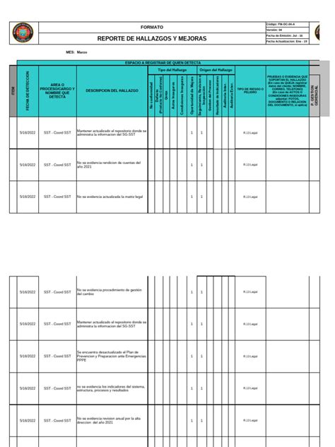 Informe De Hallazgos Y Mejoras Sst Pdf