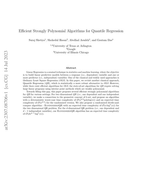 Pdf Efficient Strongly Polynomial Algorithms For Quantile Regression