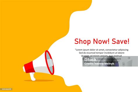 지금 쇼핑하기 메가폰이 있는 배너 지금 쇼핑하기 말풍선 배너 소매 쇼핑 온라인 마케팅 템플릿 배너 포스터 및 배경에 대 한 벡터 그림 개념에 대한 스톡 벡터 아트 및 기타