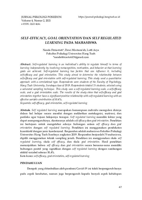 Pdf Self Efficacy Goal Orientation Dan Self Regulated Learning Pada Mahasiswa