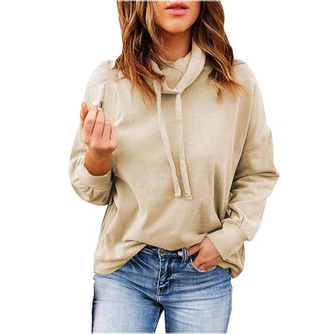 Womens Cowl Neck Hoodie Women Solid Casual Hooded Sweatshirts Loose