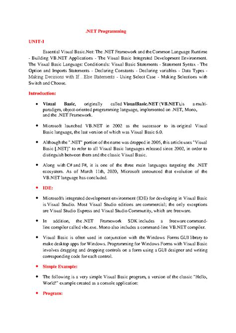 Net Programming Unit I To Unit V Material Net Programming Unit I Essential Visual Basic