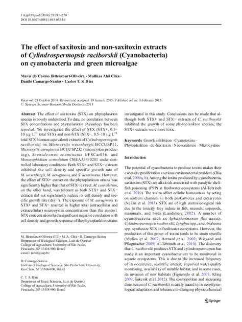 Pdf The Effect Of Saxitoxin And Non Saxitoxin Extracts Of Cylindrospermopsis Raciborskii