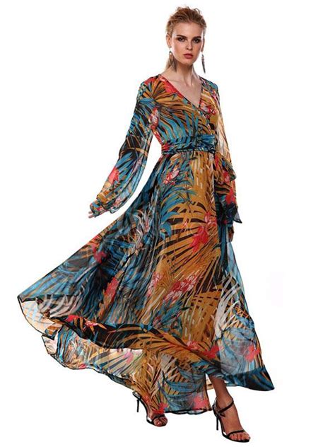 Multicolor Maxi Dress Floral Print Deep V Chiffon Dress Maxi Dress