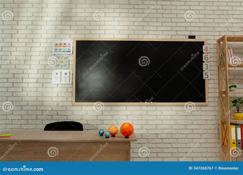 Empty School Astronomy Classroom With Desks Chairs And Chalkboard At Daylight Workspace For