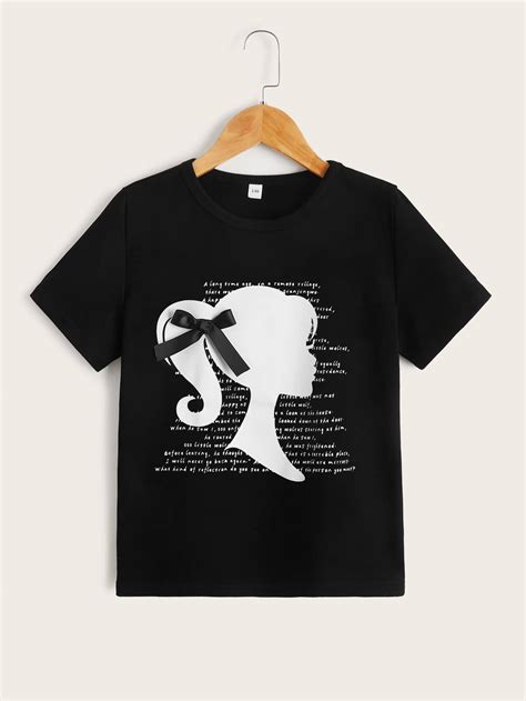 Shein بنات تي شيرت شعار و جرافيك شكل قوس امامي