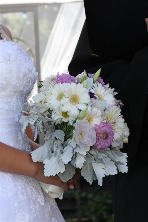 Wedding Bouquet White Mini Gerbera Daisies And Purple White And