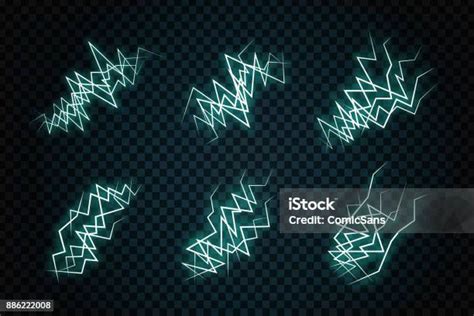 투명 한 배경에 현실적인 격리 Lightnings의 벡터 컬렉션입니다 전기 및 전기 효과의 개념입니다 개체 그룹에 대한 스톡