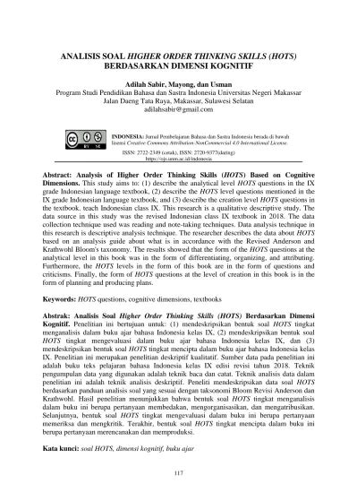 Analisis Soal Higher Order Thinking Skills Hots Berdasarkan Dimensi Kognitif
