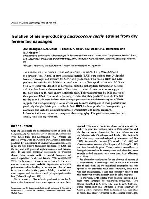 Pdf Isolation Of Nisin Producing Lactococcus Lactis Strains From Dry Fermented Sausages