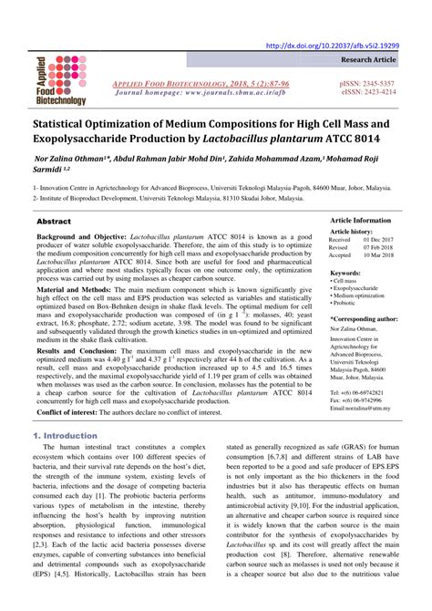 Pdf Statistical Optimization Of Medium Compositions For High Cell Mass And Exopolysaccharide