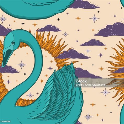 스케치 그래픽 그림 아름 다운 완벽 한 패턴 새 백조 색상 신비 하 고 신비로운 손으로 그린 기호 벡터 일러스트입니다 빈티지 올드 패션 문신으로 인쇄합니다 0명에 대한 스톡