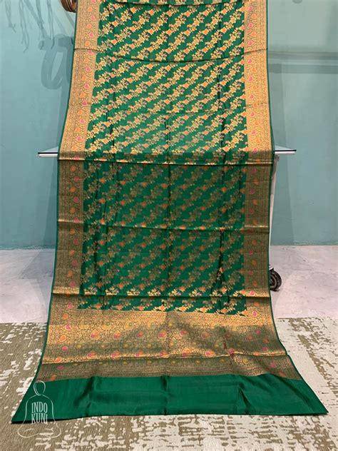 Bottle Green Banarasi Dupion Silk Saree Indokuni