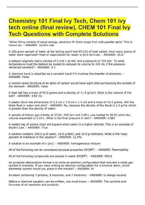 Chemistry 101 Final Ivy Tech Chem 101 Ivy Tech Online Final Review