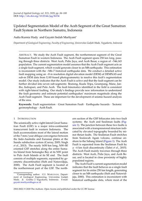 Updated Segmentation Model Of The Aceh Segment Of The Great Sumatran Fault System In Northern