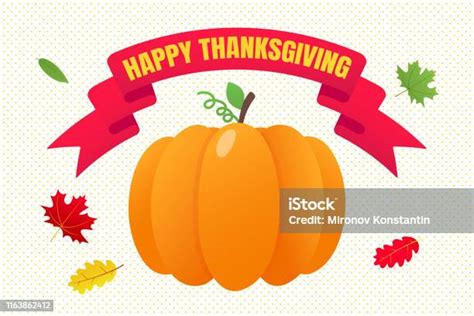 큰 호박 텍스트와 단풍 행복 한 추수 감사절 플랫 스타일 디자인 포스터 벡터 일러스트 휴일을 축하 11월에 대한 스톡 벡터 아트